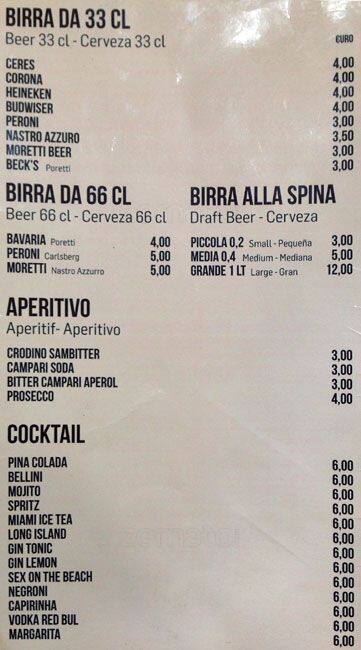 Menu at Pausa Caffè-Lounge restaurant, Rome