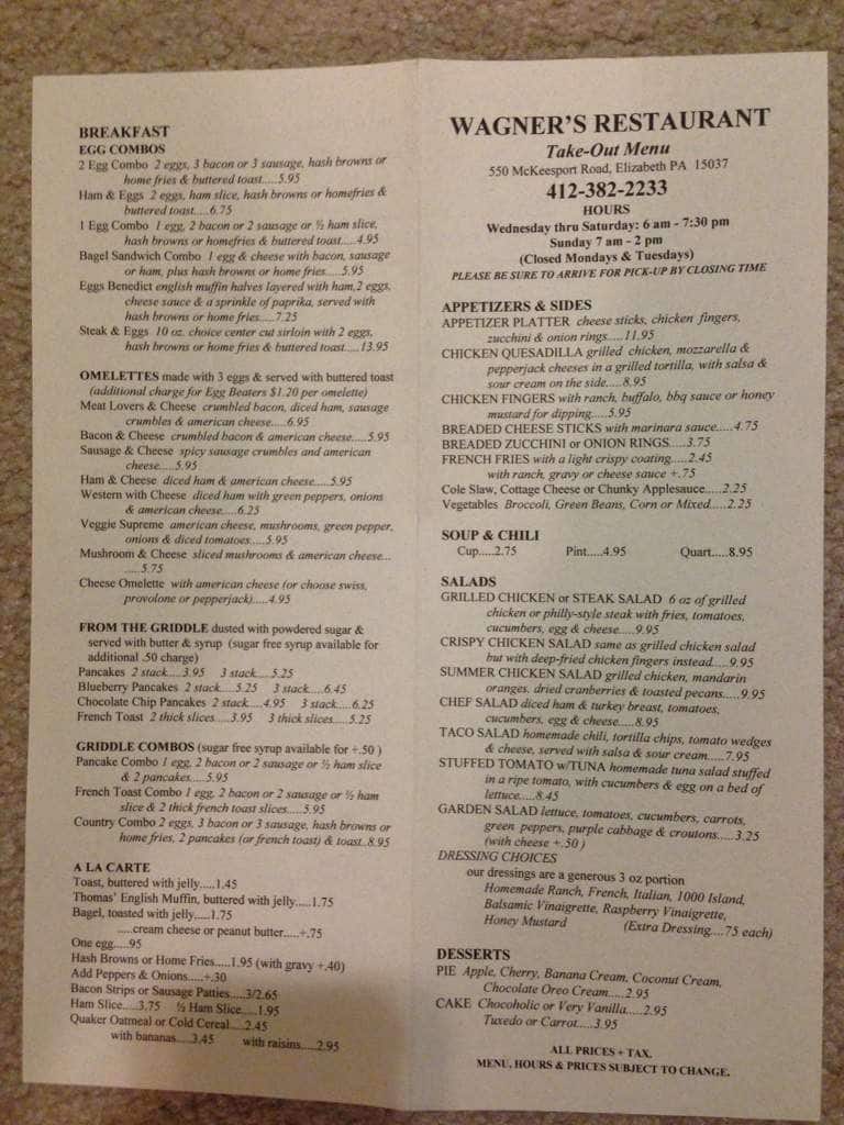Menu at Wagner's Restaurant, Elizabeth