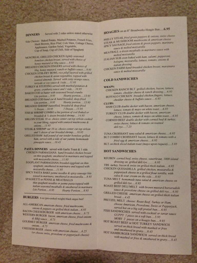 Menu at Wagner's Restaurant, Elizabeth