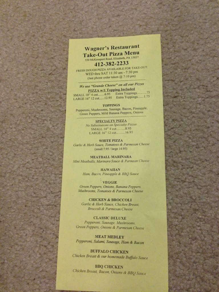 Menu at Wagner's Restaurant, Elizabeth