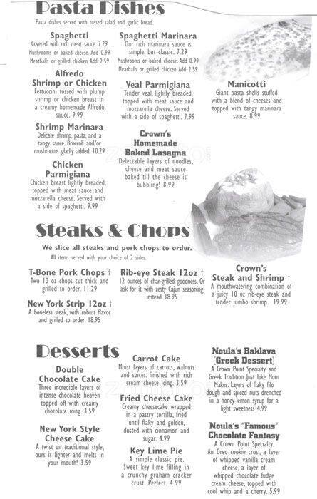 Menu at Crown Point restaurant, Charlotte