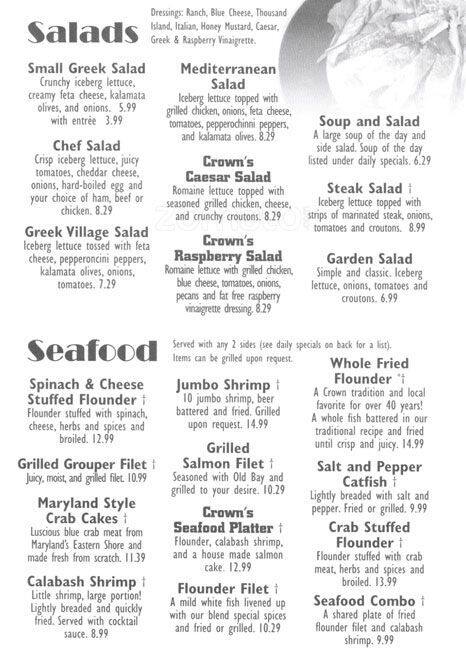 Menu at Crown Point restaurant, Charlotte