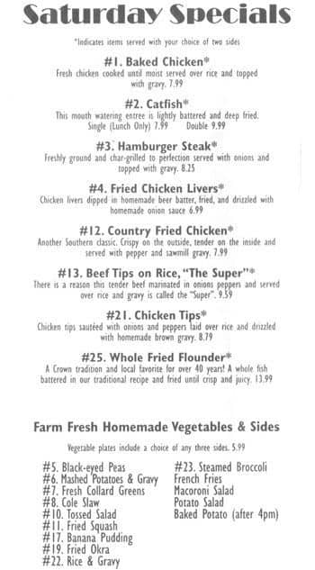 Menu at Crown Point restaurant, Charlotte