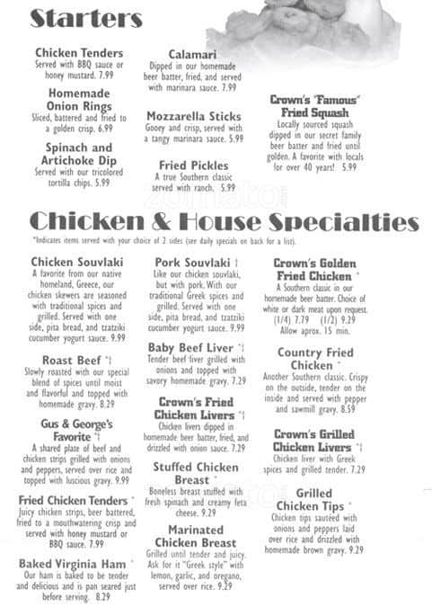 Menu at Crown Point restaurant, Charlotte