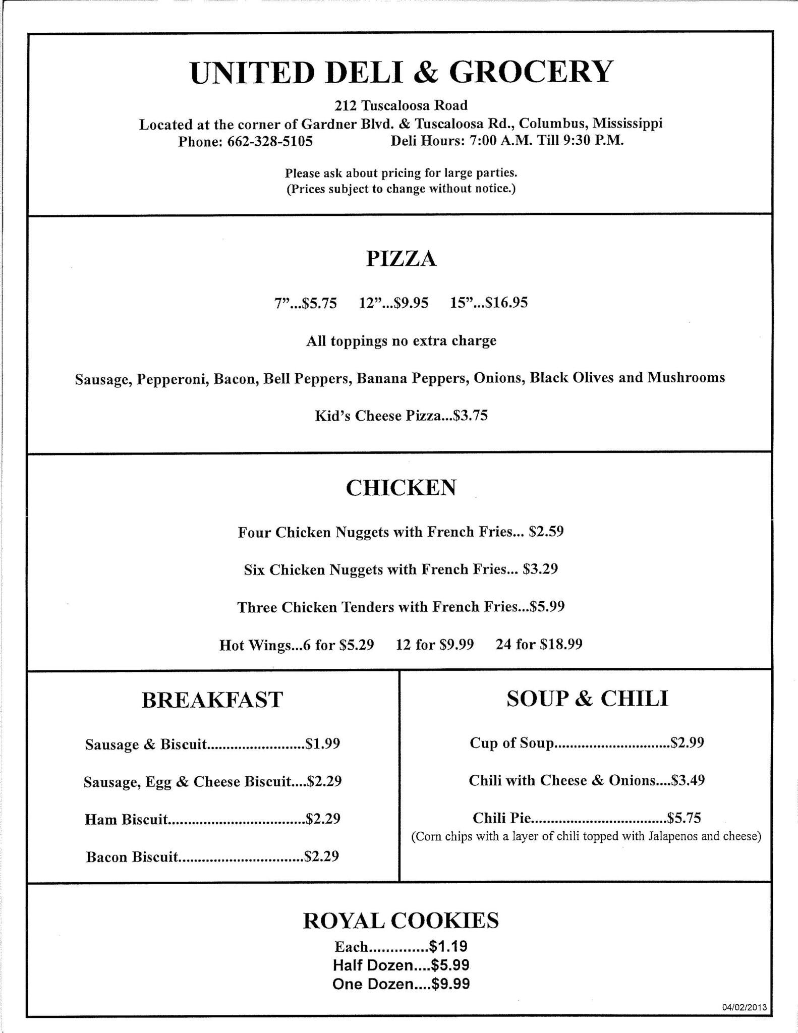 Menu at United Deli & Grocery restaurant, Columbus