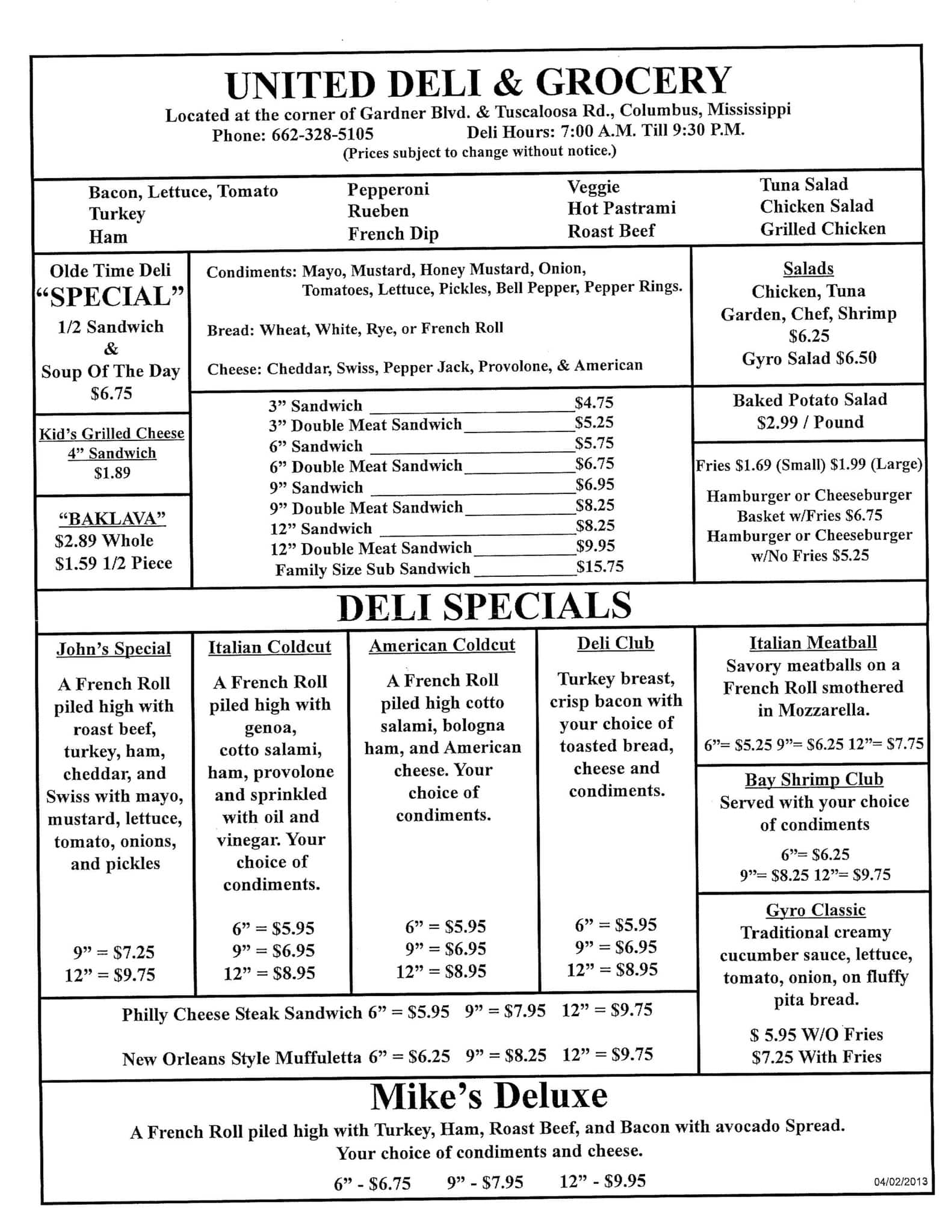 Menu at United Deli & Grocery restaurant, Columbus