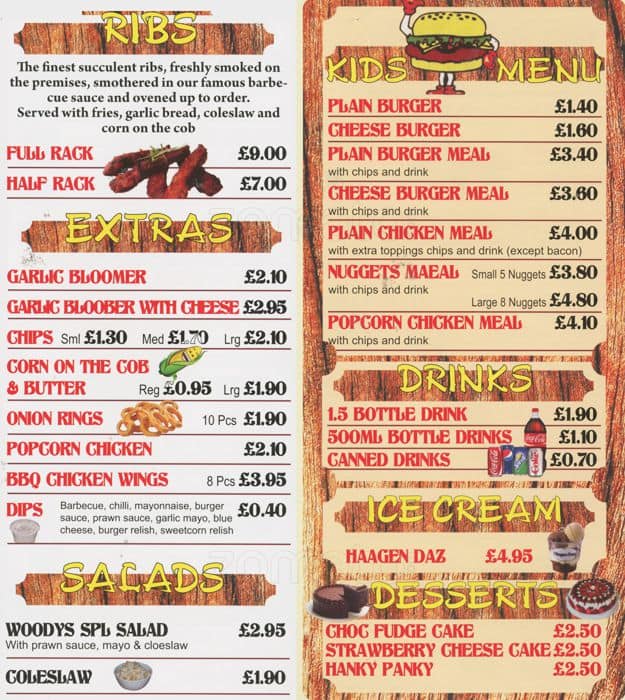 Menu at Woody's fast food, West Drayton, 144 High St