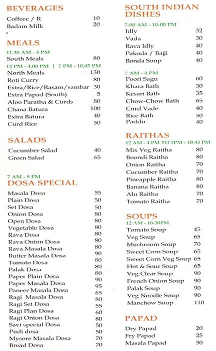 Menu of Savi Sagar, Vijay Nagar, Bangalore