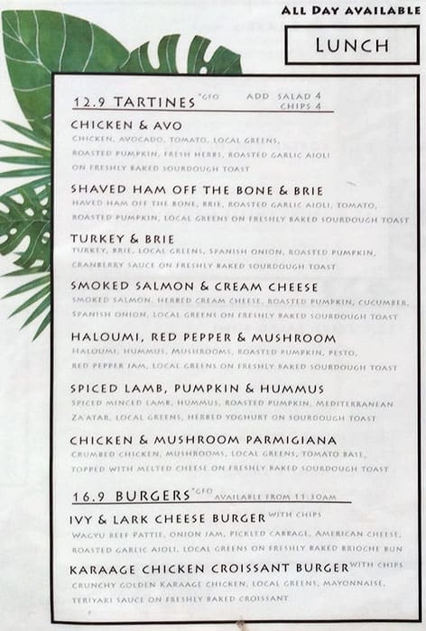 Menu at Ivy & Lark restaurant, Chermside