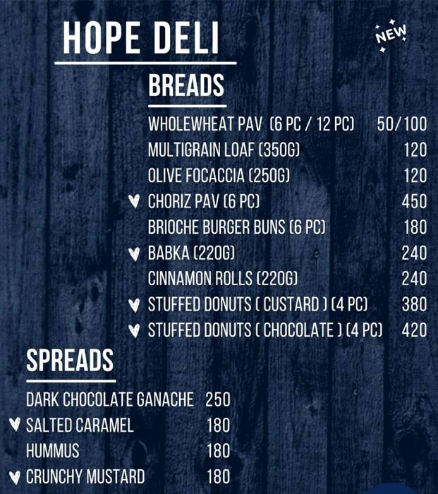 Menu at Hope Bakery, Mumbai