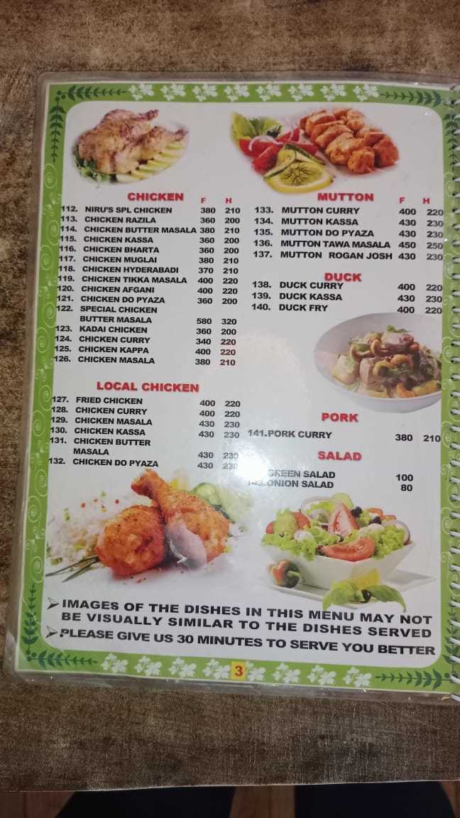 Menu of Niru's Dhaba, Beltola, Guwahati