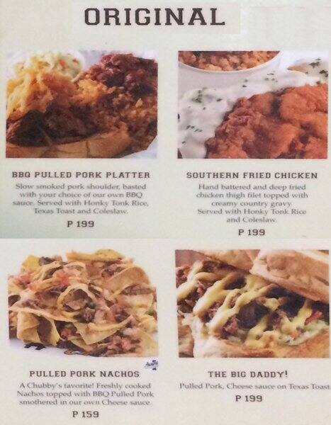 Menu at Chubby's Rib Shack restaurant, Manila