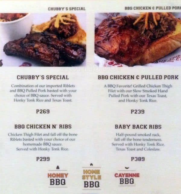 Menu at Chubby's Rib Shack restaurant, Manila