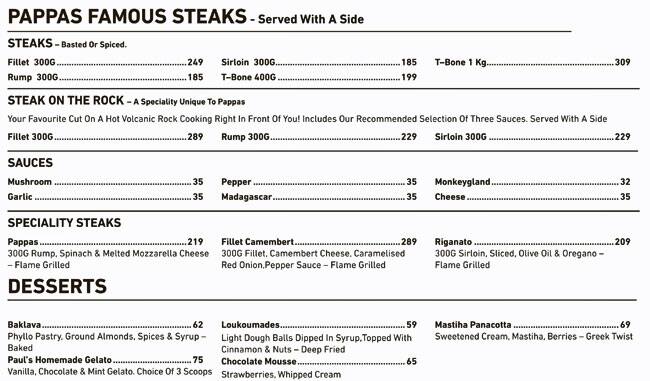 Menu at Pappas restaurant, Johannesburg