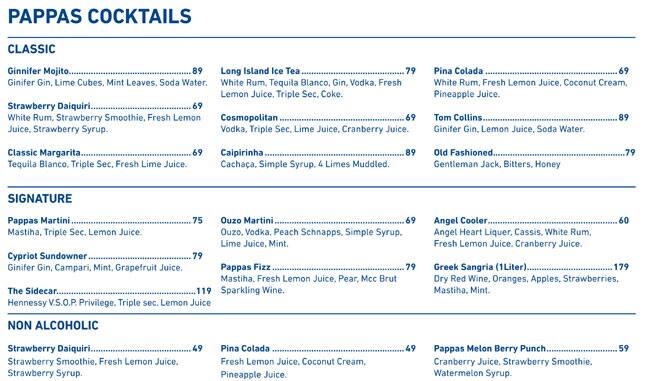 Menu at Pappas restaurant, Johannesburg