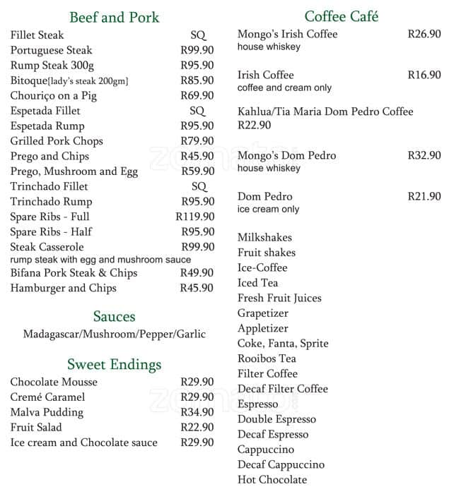 Menu at Mongo's Portuguese Mozambican Restaurant, Germiston