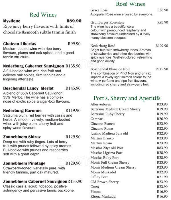 Menu au Mongo's restaurant, Germiston