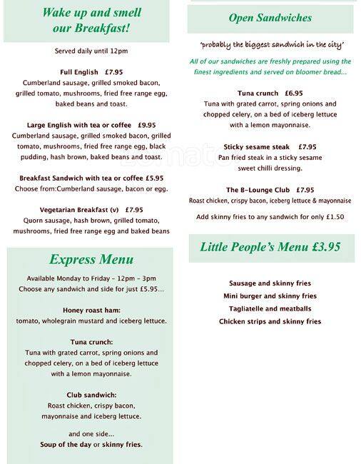 Menu at B Lounge pub & bar, Manchester, 97 Piccadilly