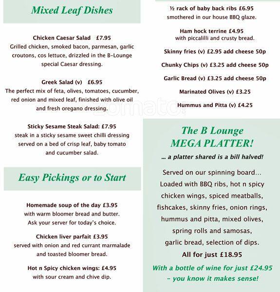 Menu at B Lounge pub & bar, Manchester, 97 Piccadilly