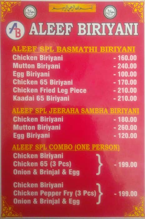 Menu at Aleef Biryani, Chennai