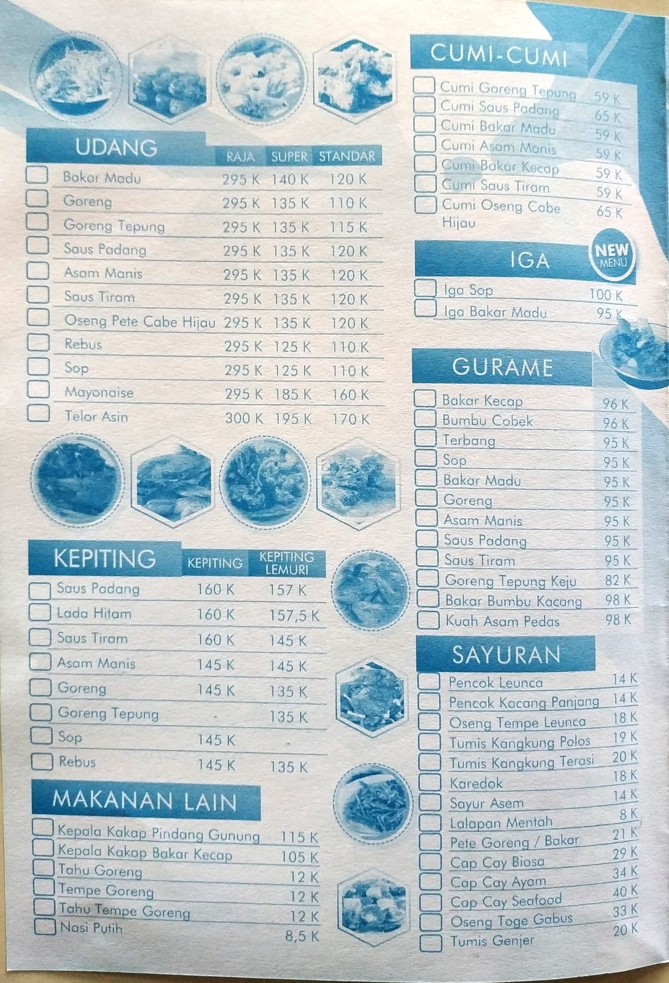 Menu at Gubug Udang Situ Cibubur restaurant, Jakarta