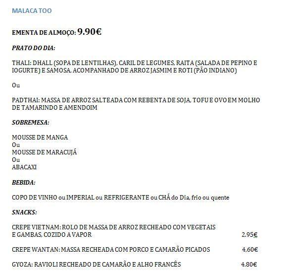 Menu at Malaca Too restaurant, Lisbon