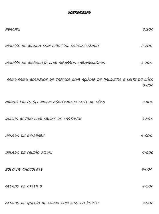 Menu at Malaca Too restaurant, Lisbon