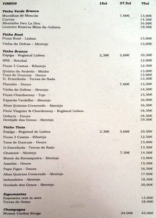 Menu at Malaca Too restaurant, Lisbon