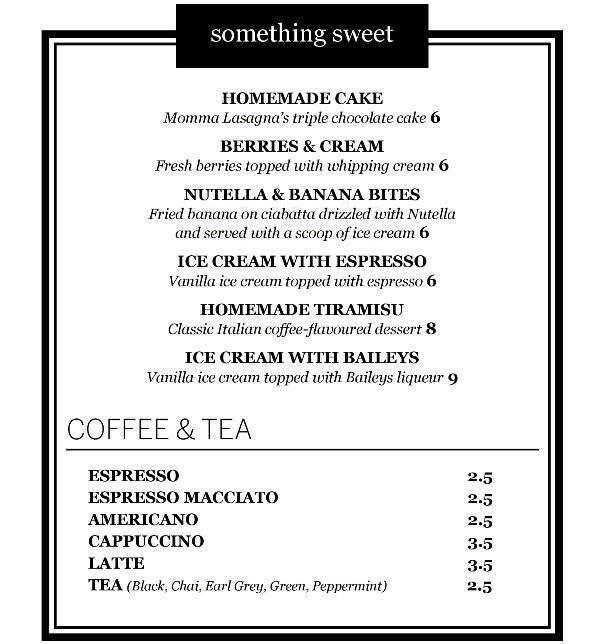 Menu at Terrazza restaurant, Toronto