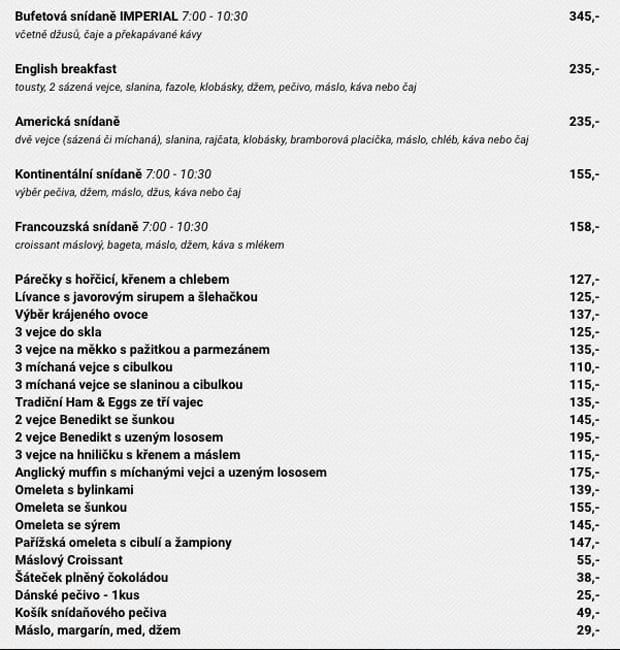 Café Imperial Menu, Menu podniku Café Imperial, Nové Město, Praha 1 ...