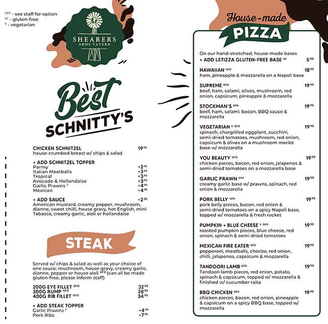 Menu at Shearers Arms Tavern pub & bar, Ormeau