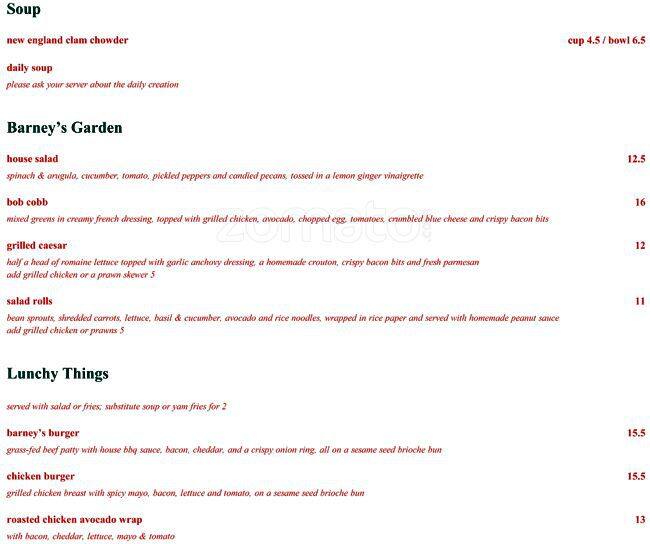 Menu at Caffe Barney on Granville, Vancouver, Granville St