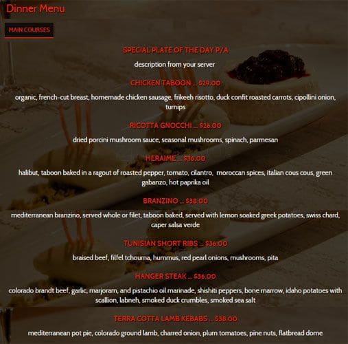 Menu at Taboon restaurant, West New York