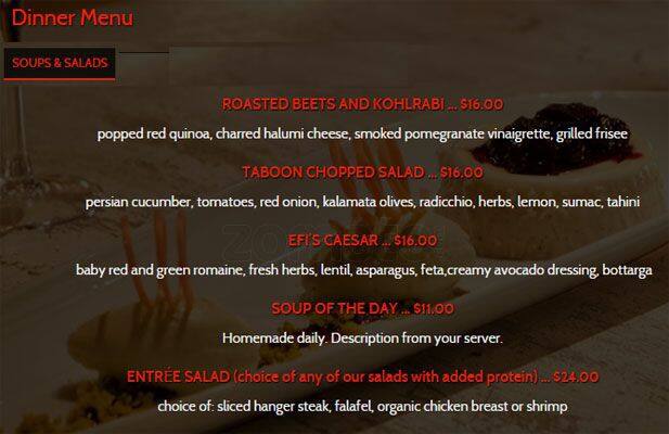 Menu at Taboon restaurant, West New York