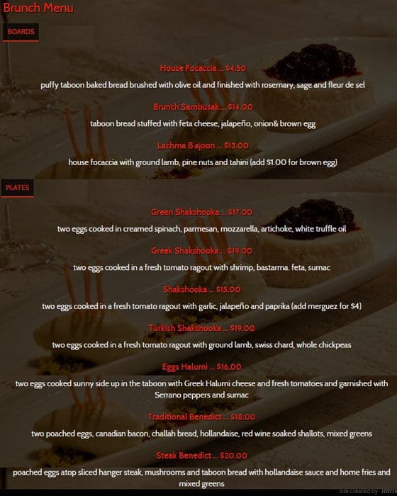 Menu at Taboon restaurant, West New York