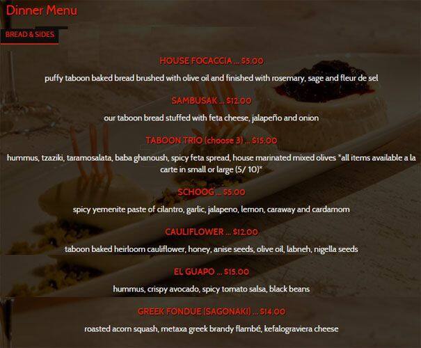 Menu at Taboon restaurant, West New York