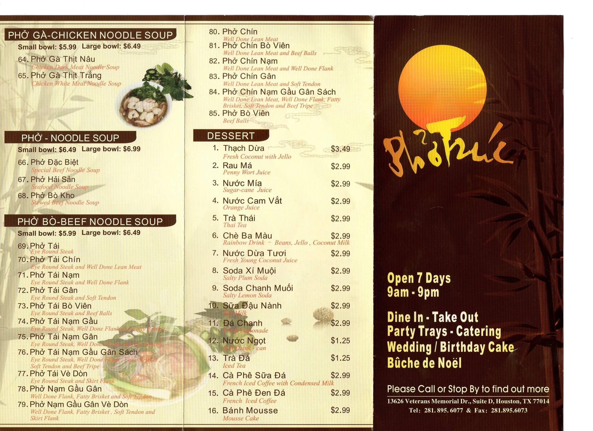 Menu at Pho Truc Vietnamese Noodle House restaurant, Houston, Veterans ...