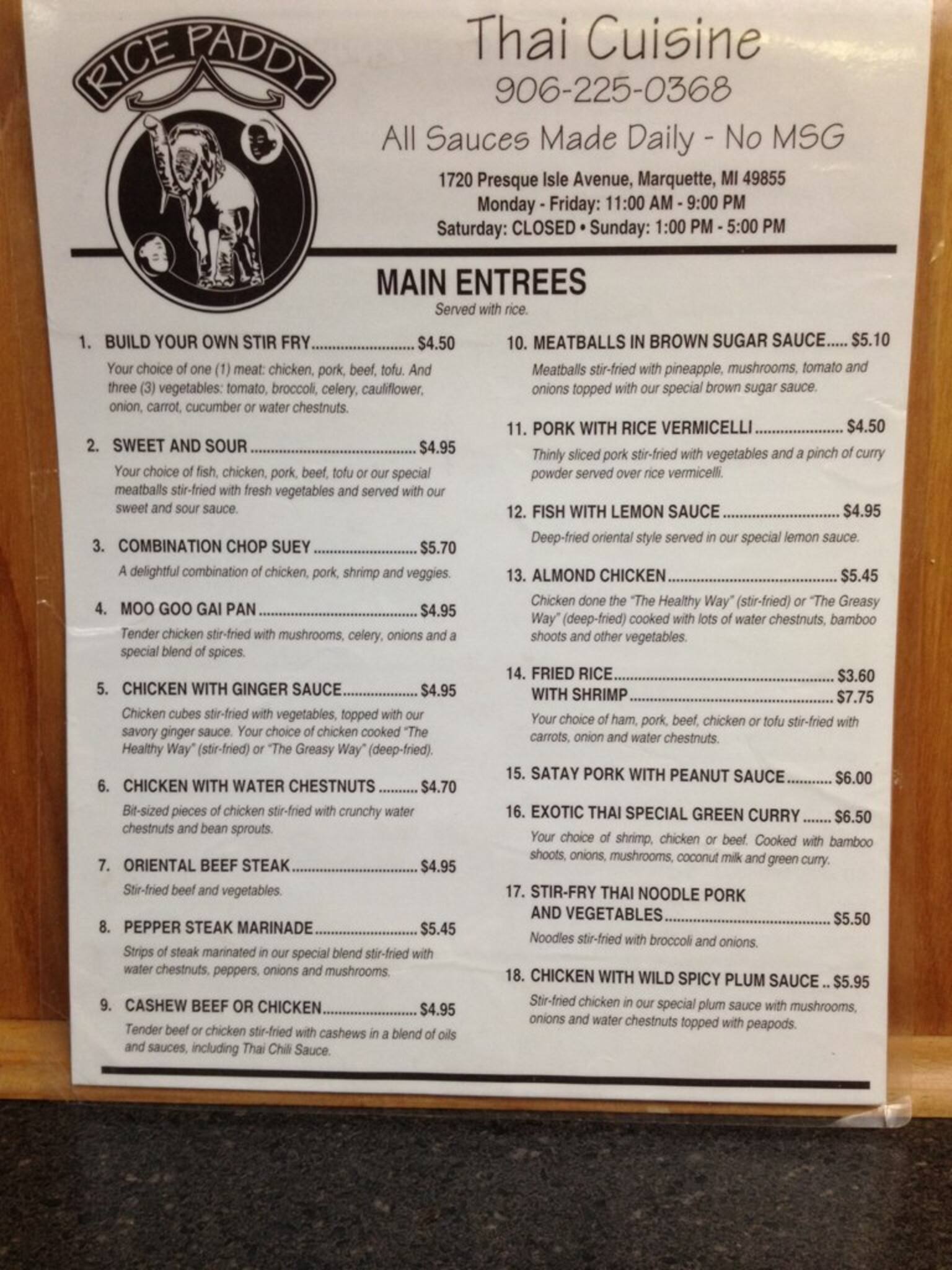 Menu at Rice Paddy restaurant, Marquette