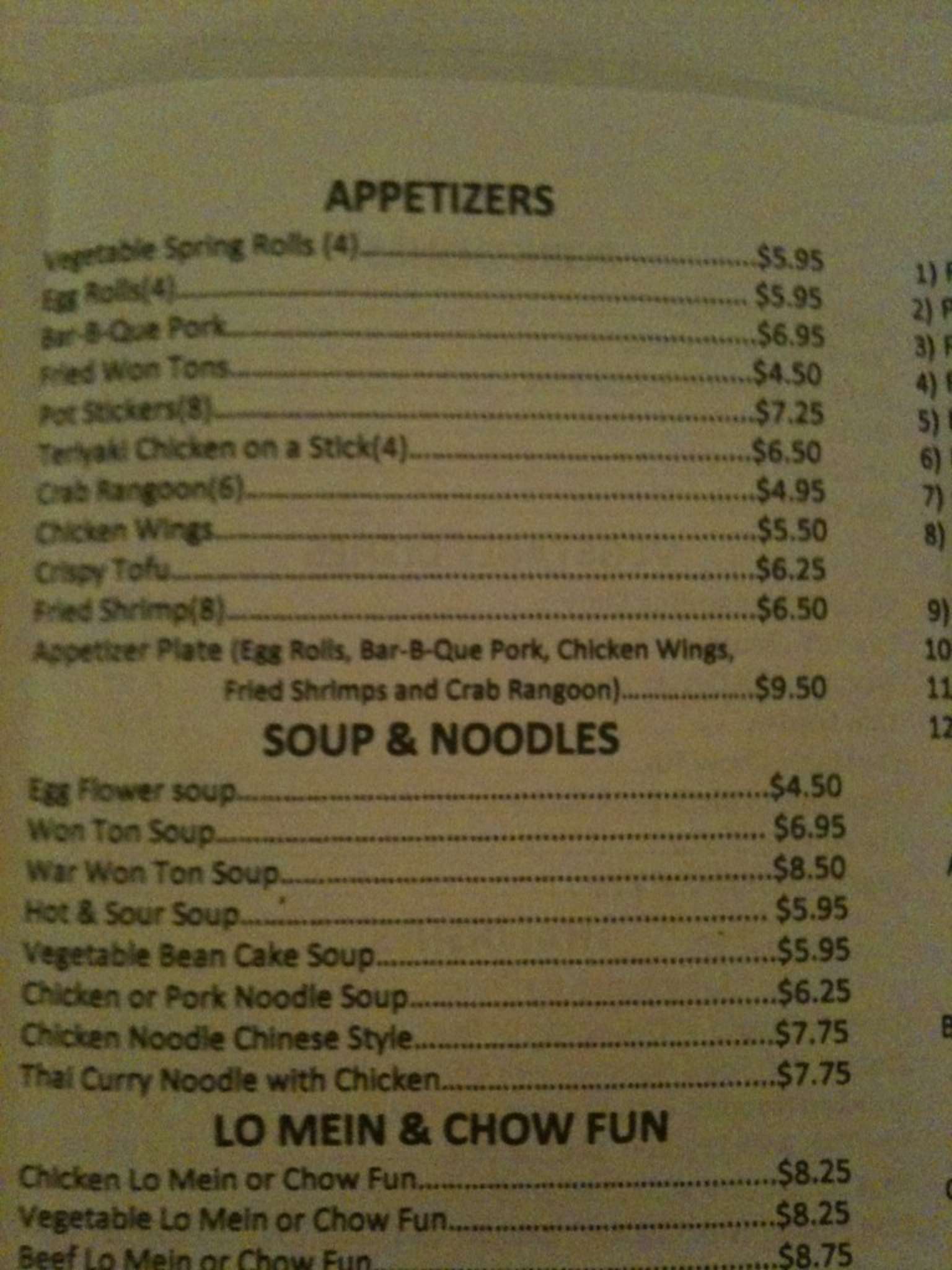 Menu at Ma's Restaurant, Central Point