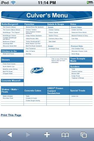 Menu at Culver's fast food, Saginaw, Bay Rd