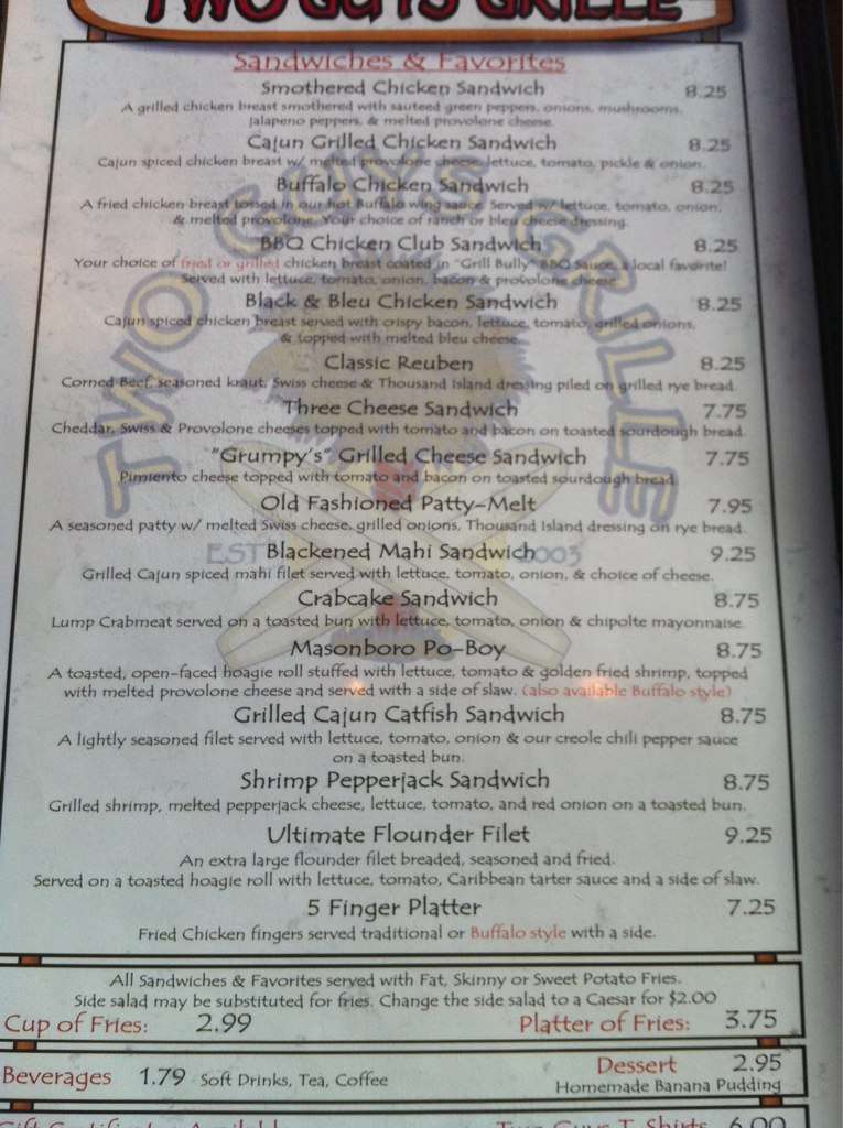 Menu at Two Guys Grille restaurant, Wilmington, Market St