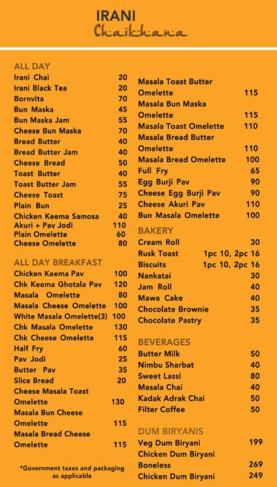 Menu of Irani Chaikhana, Kharadi, Pune