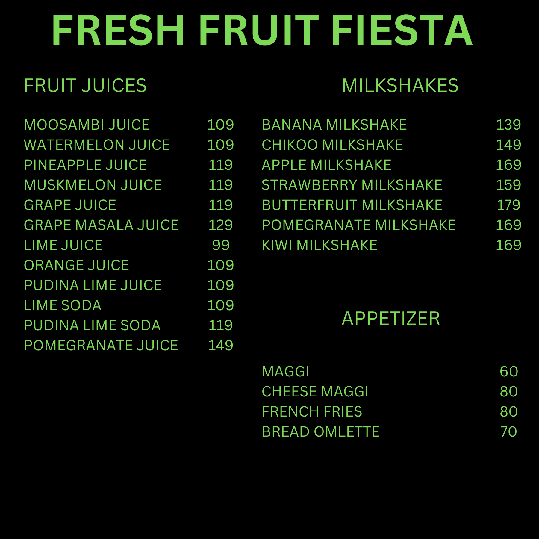 Menu of Fresh Fruit Fiesta, Domlur, Bangalore