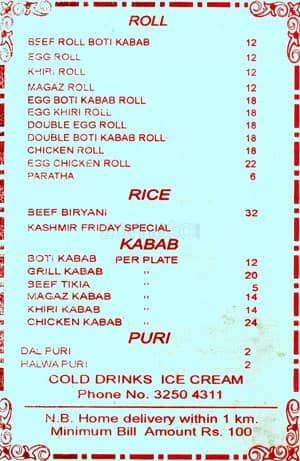 Menu at Kashmir Fast Food, Kolkata