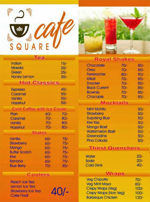 Menu at Cafe Square, Amritsar