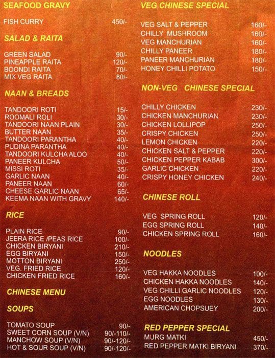 Menu at Red Pepper, Gurugram, S-23