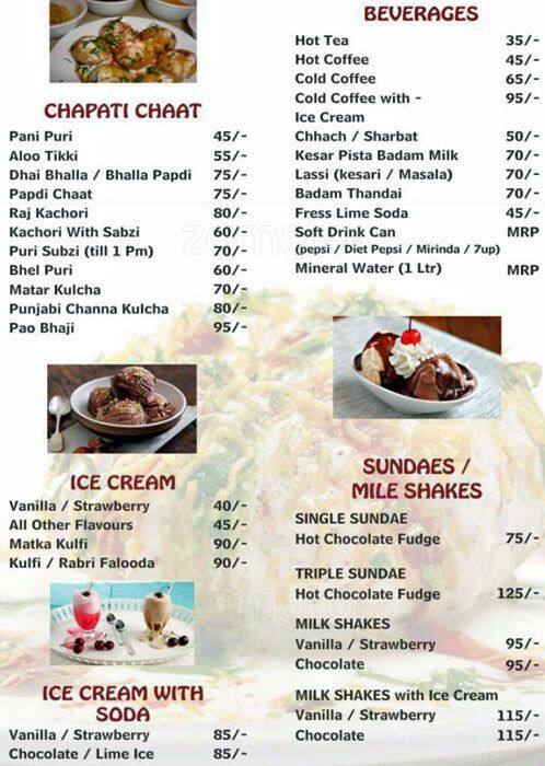 Menu at Sri Bankey Bihari, Noida