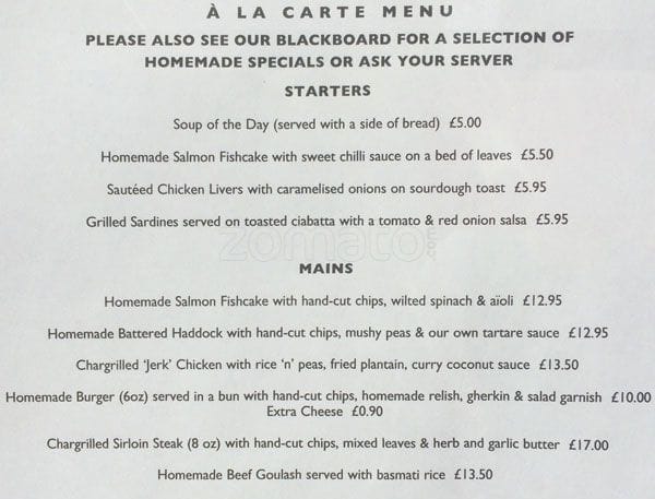 Menu at Kalendar cafe, London