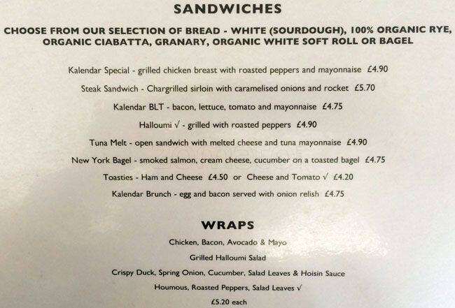Menu at Kalendar cafe, London