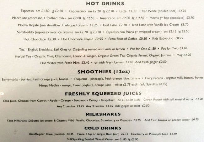 Menu at Kalendar cafe, London